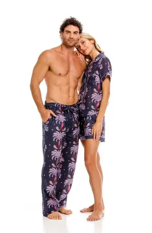 THE LAZY POET Drew Riviera Palms Print Linen Pajama Pants - Blue