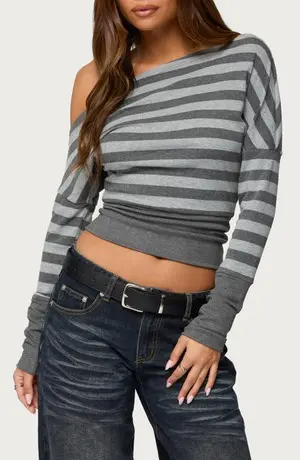 EDIKTED Marniee Stripe One-shoulder Top - Dark Gray Melange