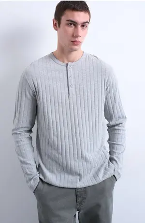 Topman Long Sleeve Rib Henley - Grey