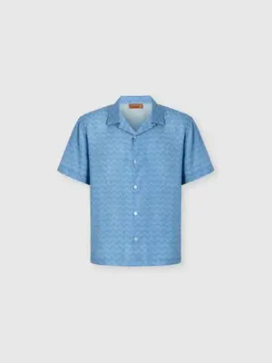 UM Bowling Shirt In Viscose With Tone-on-tone Zigzag Print - Light Blue