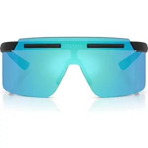 Prada 140mm Polarized Shield Sunglasses - Matte Black/light Green Blue