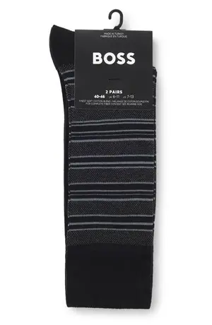 BOSS Solid & Stripe Cotton Blend Dress Socks 2-pack - Blk