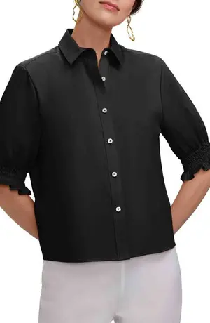Foxcroft Vivienne Elbow Sleeve Matte Sateen Button-Up Shirt Black