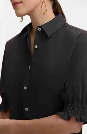 Foxcroft Vivienne Elbow Sleeve Matte Sateen Button-up Shirt - Black