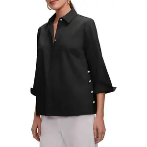Foxcroft Beatrice Matte Satin Side Button Shirt - Black