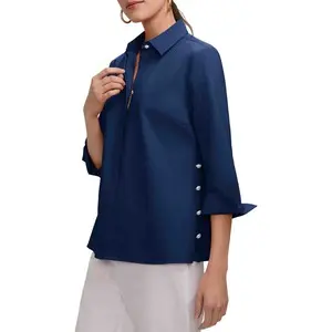 Foxcroft Beatrice Matte Satin Side Button Shirt - Navy Blue