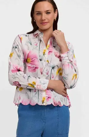 Foxcroft Floral Scallop Hem Button-up Shirt