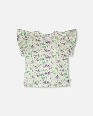 DEUX PAR DEUX Jersey Flutter Sleeves Flowers T-shirt - Green Floral Print