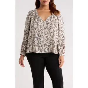 Nordstrom Gathered Tie Neck Top - Ivory- Brown Textural