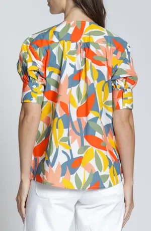 APNY Printed Split Neck Top - Orange Multi