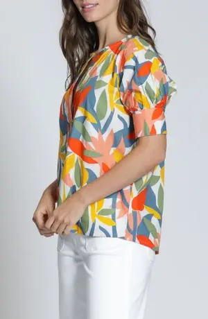 APNY Printed Split Neck Top - Orange Multi