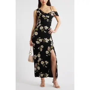 OPEN EDIT Asymmetric Chiffon Dress - Black- Pink Iris Floral
