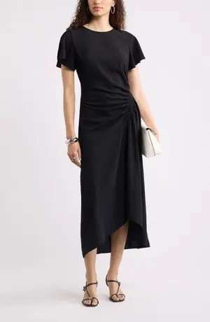 Nordstrom Split Sleeve Side Smocked Midi Dress - Black