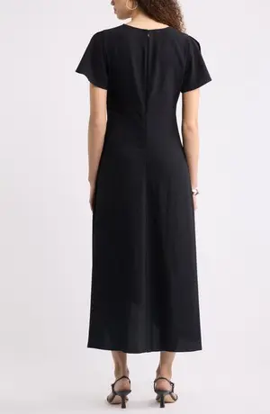 Nordstrom Split Sleeve Side Smocked Midi Dress - Black