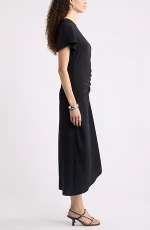 Nordstrom Split Sleeve Side Smocked Midi Dress - Black