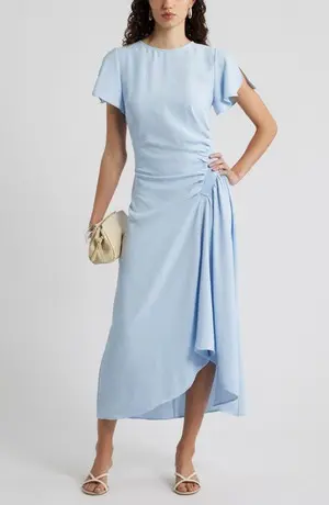 Nordstrom Split Sleeve Side Smocked Midi Dress - Blue Floaty
