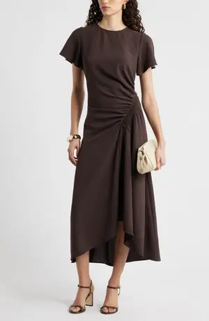 Nordstrom Split Sleeve Side Smocked Midi Dress - Brown Coffee