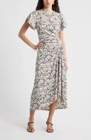Nordstrom Split Sleeve Side Smocked Midi Dress - Ivory- Brown Textural