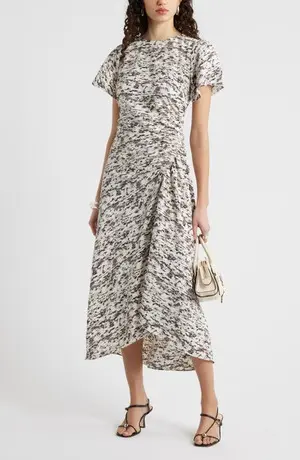 Nordstrom Split Sleeve Side Smocked Midi Dress - Ivory- Brown Textural