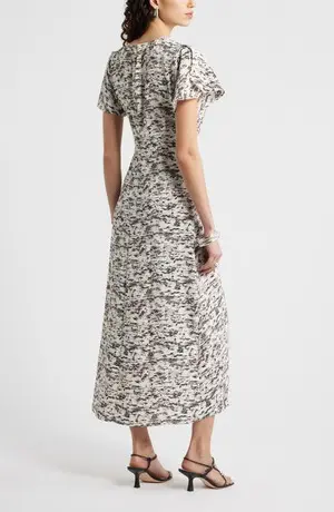 Nordstrom Split Sleeve Side Smocked Midi Dress - Ivory- Brown Textural