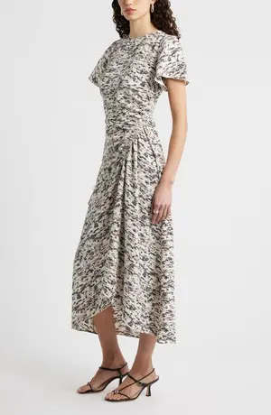 Nordstrom Split Sleeve Side Smocked Midi Dress - Ivory- Brown Textural