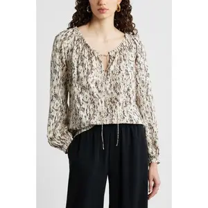 Nordstrom Gathered Tie Neck Top - Ivory- Brown Textural