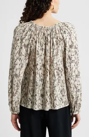 Nordstrom Gathered Tie Neck Blouse - Ivory- Brown Textural