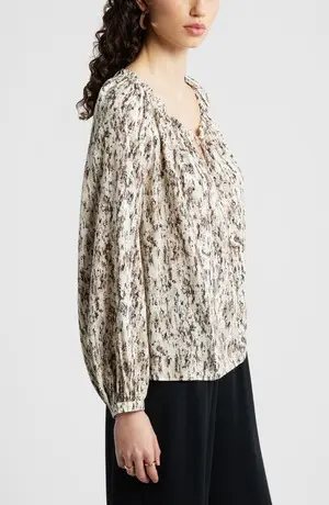 Nordstrom Gathered Tie Neck Blouse - Ivory- Brown Textural