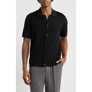 OPEN EDIT Short Sleeve Button-up Silk Cardigan Black