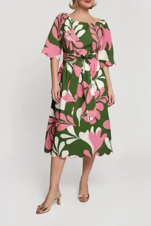 FRANCES VALENTINE Coco Midi Dress In Mid-century Palm Print - Treetop/multi
