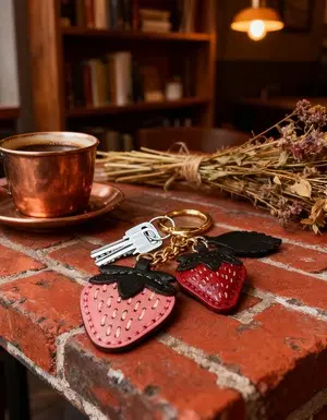 OLD TREND Strawberry Leather Keychain Charm - Blush & Ruby