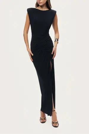 NOCTURNE Ruched Side-slit Maxi Dress - Black