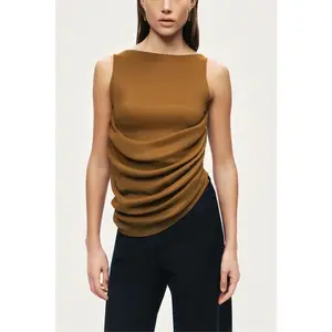 NOCTURNE Draped Sleeveless Blouse - Camel
