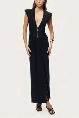 NOCTURNE Ruched Deep V-neck Maxi Dress - Black