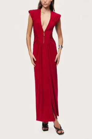 NOCTURNE Ruched Deep V-neck Maxi Dress - Red