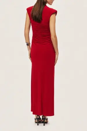 NOCTURNE Ruched Deep V-neck Maxi Dress - Red