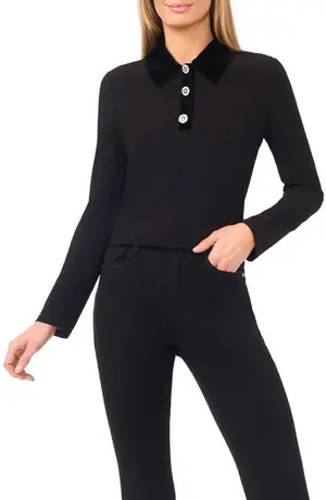 CECE DUPRAZ Velvet Rhinestone Polo Top - Rich Black