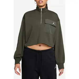 JORDAN Brooklyn Fleece Hike Crop Quarter Zip Top - Cargo Khaki/white