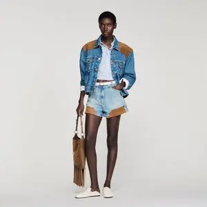Sandro Riveted Denim And Suede Shorts
