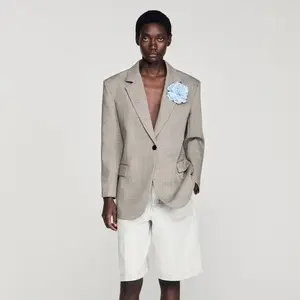 Sandro Checked Wool Suit Jacket With Brooch - Greige