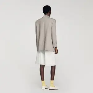 Sandro Checked Wool Suit Jacket With Brooch - Greige