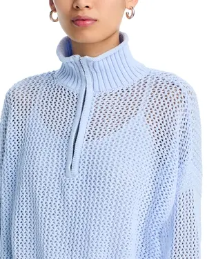 Vintage Havana Open Knit Quarter Zip Pullover - Light Blue