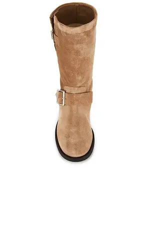 JIMMY CHOO Biker Mid Calf Velvet Suede Boots With Buckles - Toffee