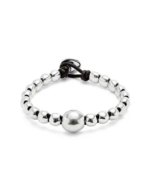 UNODE50 Leather Bracelet With Sterling -plated Beads - Silver
