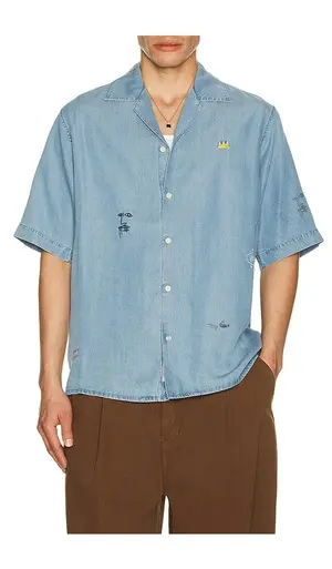 Scotch & Soda Basquiat Relaxed Fit Short Sleeved Shirt In Washed Indigo In Blue