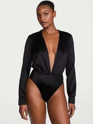 Victoria's Secret Very Sexy Satin Plunge Blouse Bodysuit - Black