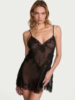 Victoria's Secret Very Sexy Chiffon Rose Lace-trim Mini Slip Dress - Black