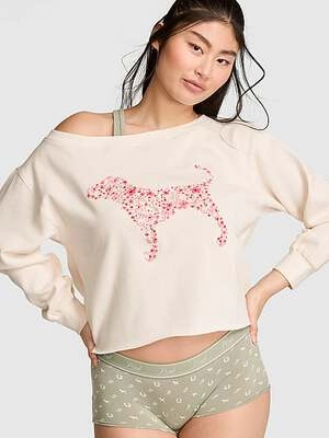 Pink Campus Fleece Rib Off-The-Shoulder Sweatshirt Beige