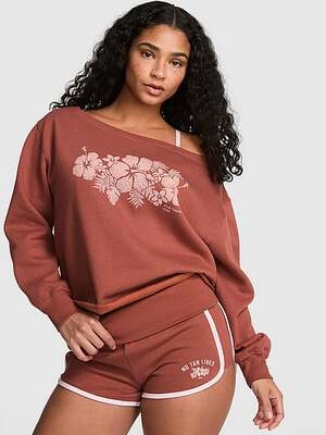 Pink Campus Fleece Rib Off-the-shoulder Sweatshirt - Brown