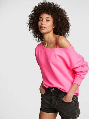 Pink Campus Fleece Rib Off-the-shoulder Sweatshirt - Pink